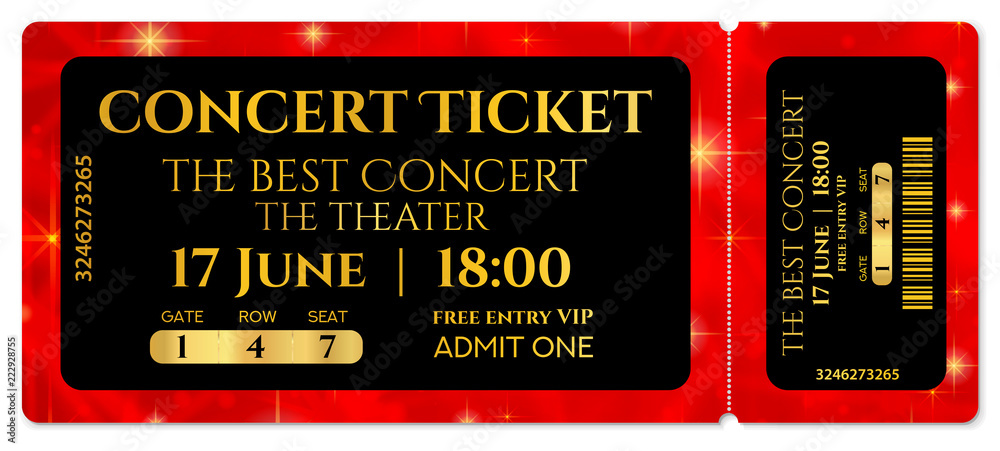 Ticket template, Concert ticket with stars (tear-off ticket mockup) on ...
