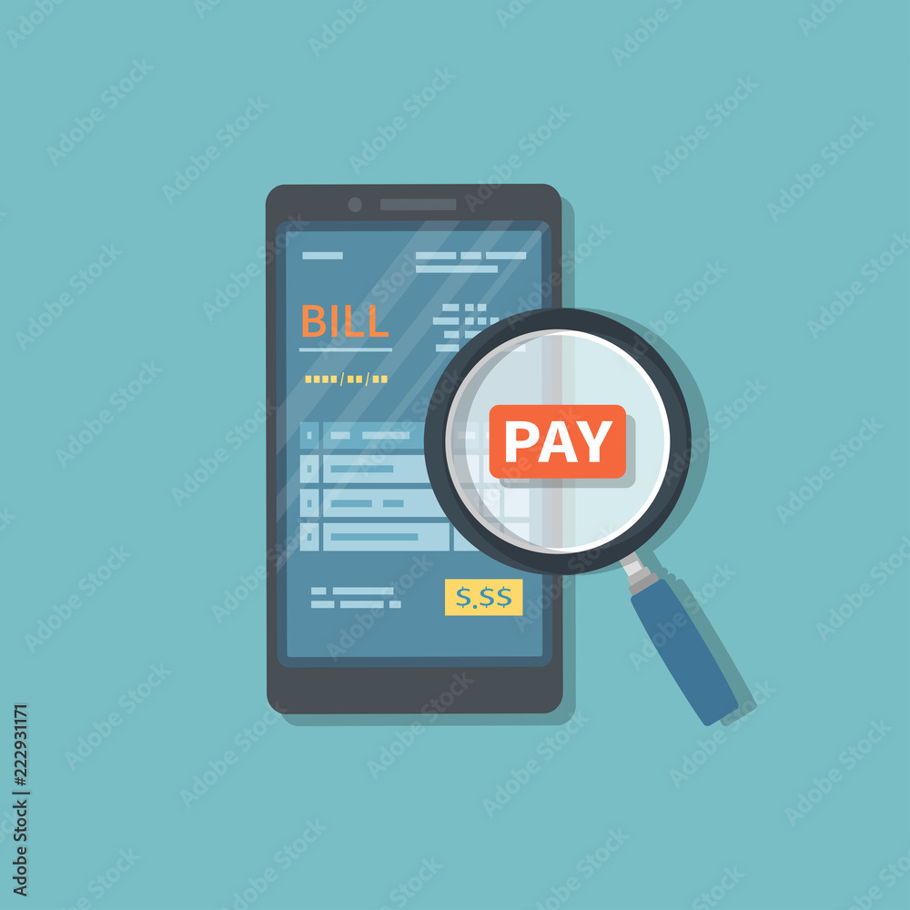 Bill on the phone screen with magnifying glass. Studying paying bill ...