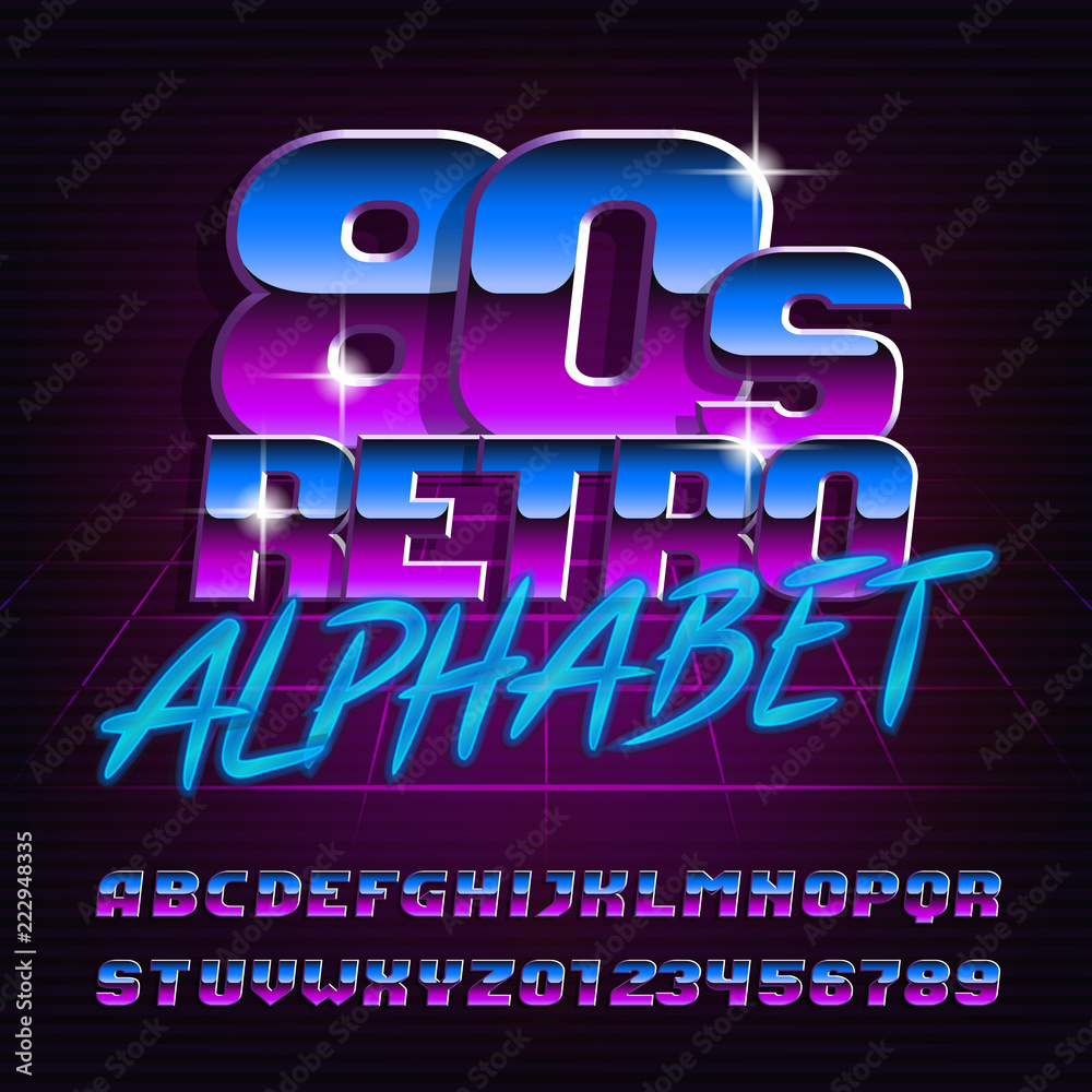 80s retro alphabet font. Uppercase italic letters and numbers. Stock ...