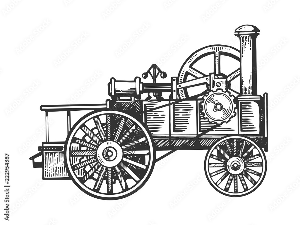 Steam engine tractor engraving vector illustration. Scratch board style ...
