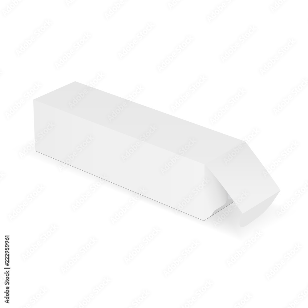 Long rectangular cardboard box with opened lid - side view. Horizontal ...