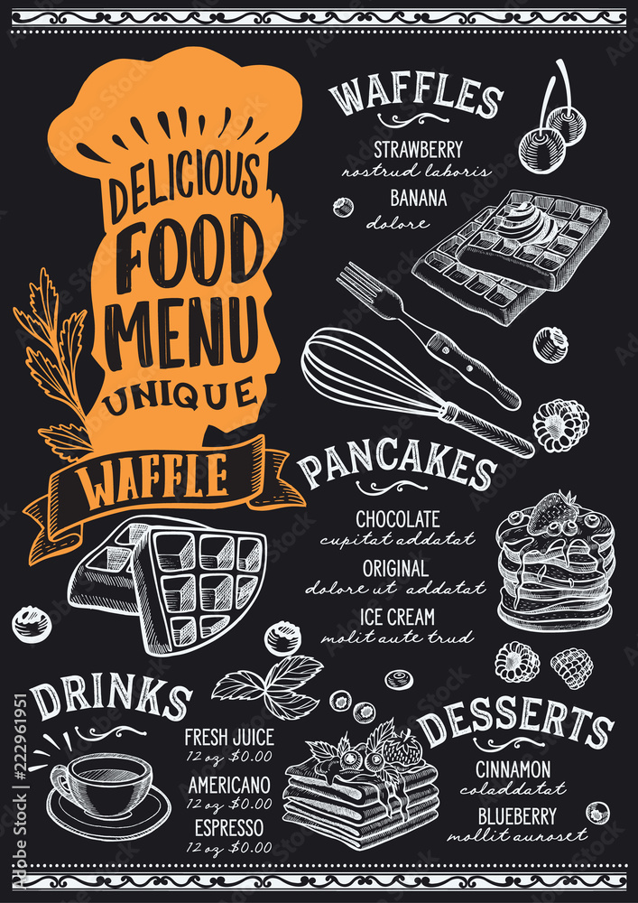 Waffle and pancake food menu template for restaurant with chefs hat ...