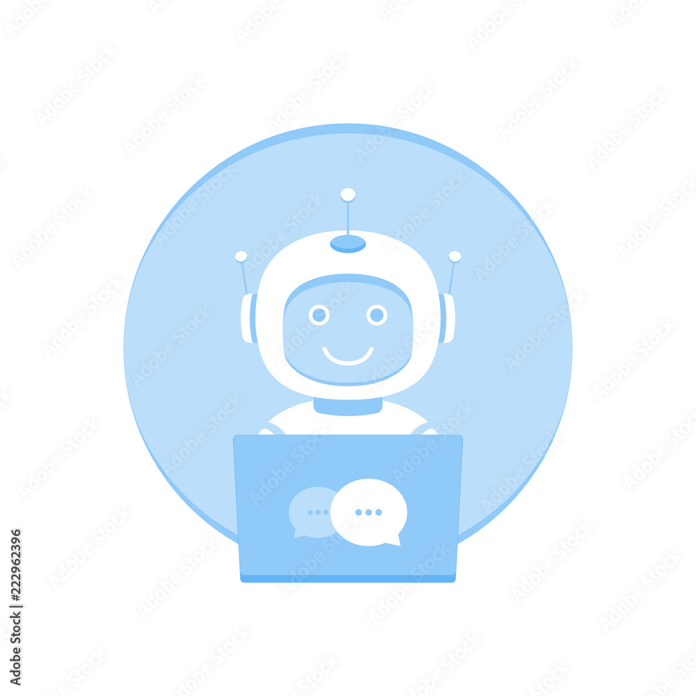 Cute smiling chat bot working in behind laptop. Modern flat vector ...