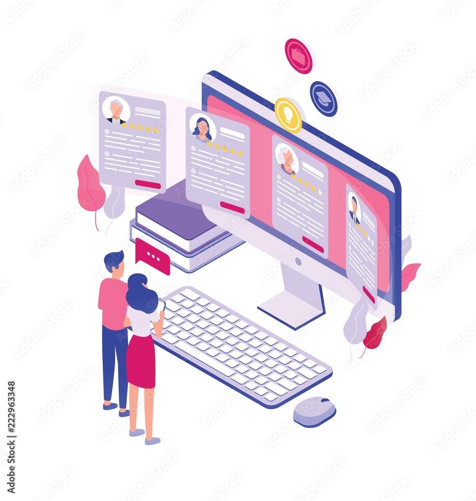 Pair of tiny people standing in front of giant computer screen and looking through job ...