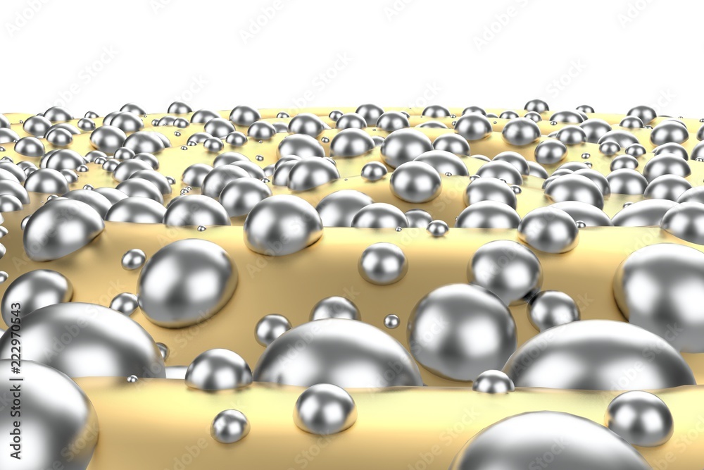 Silver or white gold platinum spheres over metal yellow wave background ...