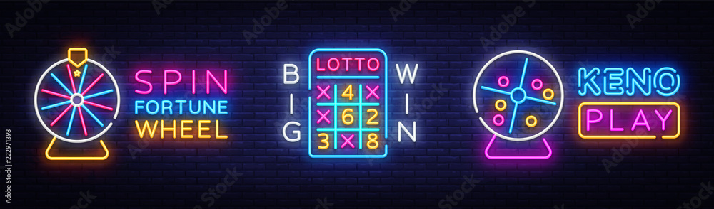 Collection Neon Logos Vector. Lottery and Fortune Wheel neon sign ...