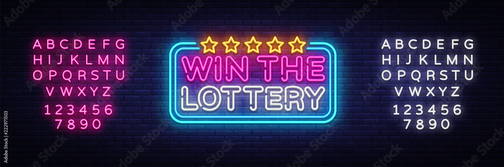 Win the Lottery neon text vector design template. Lotto symbols neon ...