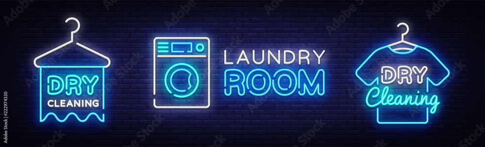 Dry Cleaning Neon Logo Collection Vector. Laundry Room neon sign ...