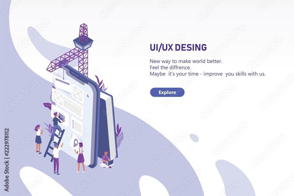 Horizontal web banner template with group of tiny people creating ...