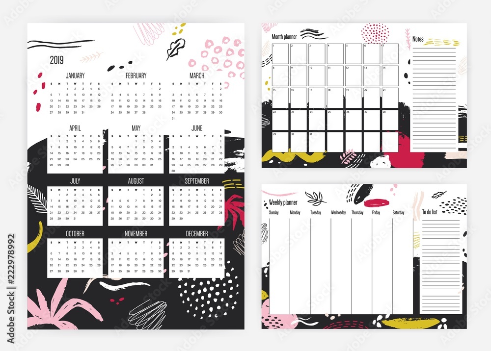 Set of 2019 year calendar, monthly and weekly planner templates, notes ...