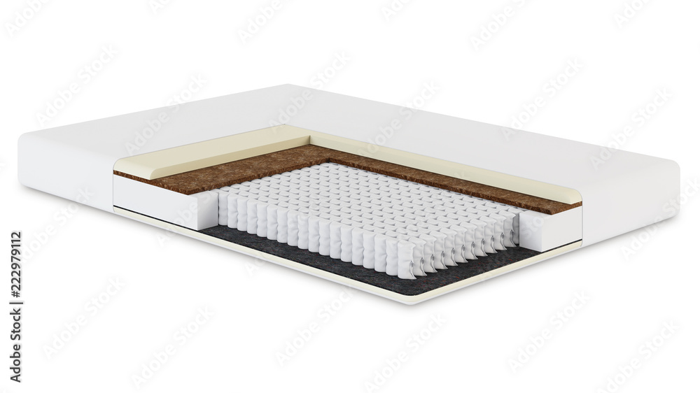White orthopedic mattress. Structure of the layers of the mattress. 3D ...