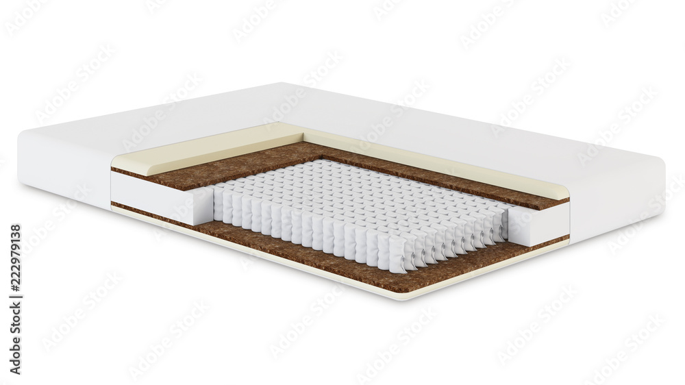 White orthopedic mattress. Structure of the layers of the mattress. 3D ...