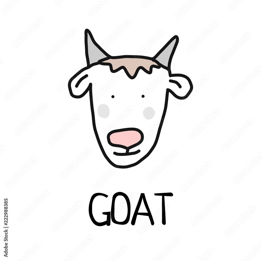 Cartoon vector flat illustration of cute goat face for baby card and ...