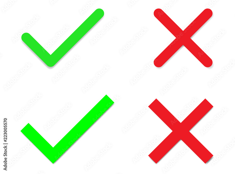 Green checkmark and red cross in two variants - Set of four simple web ...
