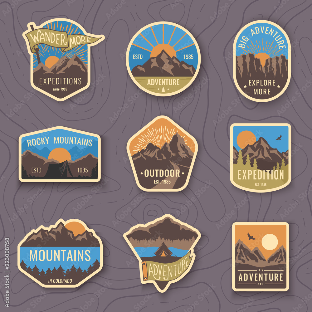 Set of nine mountain travel emblems. Camping outdoor adventure emblems ...