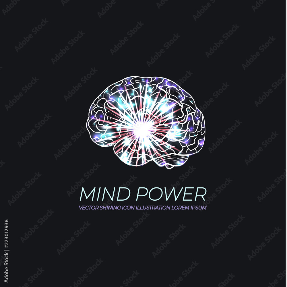 Vector Glowing Brain Illustration, Neon Logo, Scientific Image of Brain ...