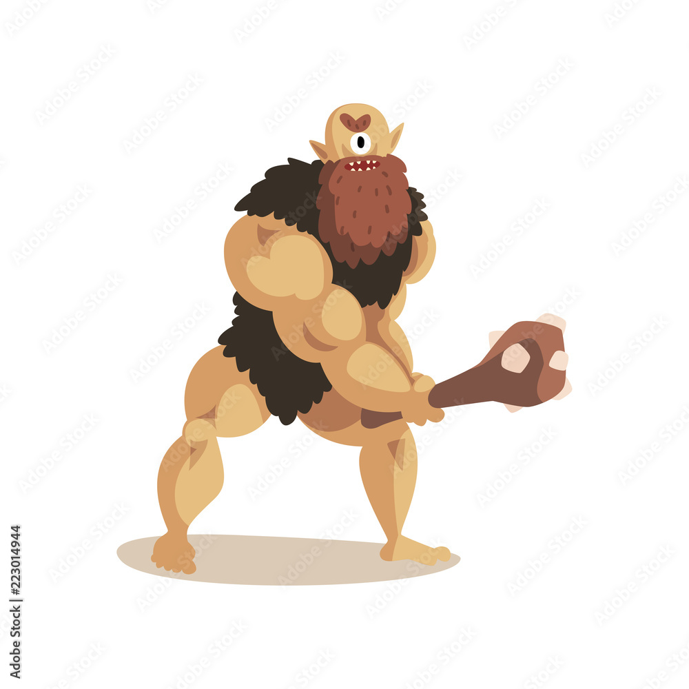 Poster Angry Cyclops caveman with a cudgel, ancient mythical creature cartoon vector Il – Wall ...