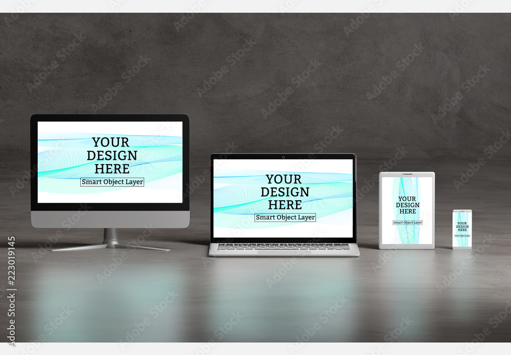 Desktop Computer, Laptop, Tablet and Smartphone Mockup Stock Template ...