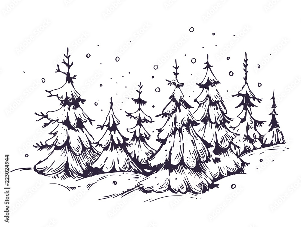 Winter background with snow and fir-trees. Hand drawn illustration ...