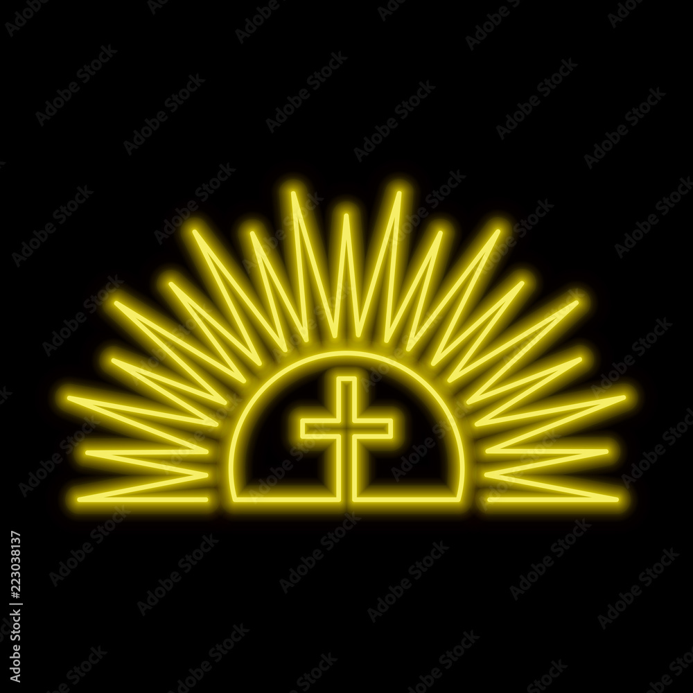 Shining sun and cross neon sign. Resurection concept. Bright glowing ...