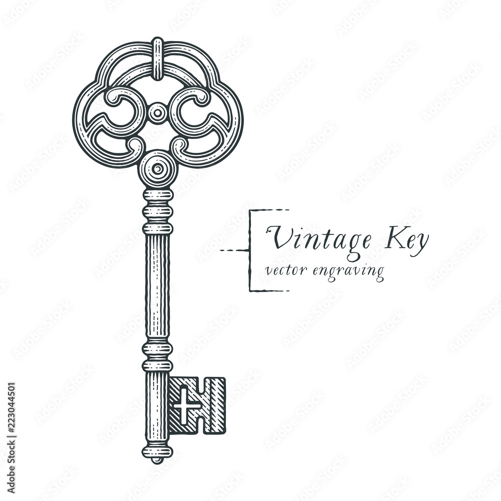 Ornamental vintage key with forging. Hand drawn engraving style ...