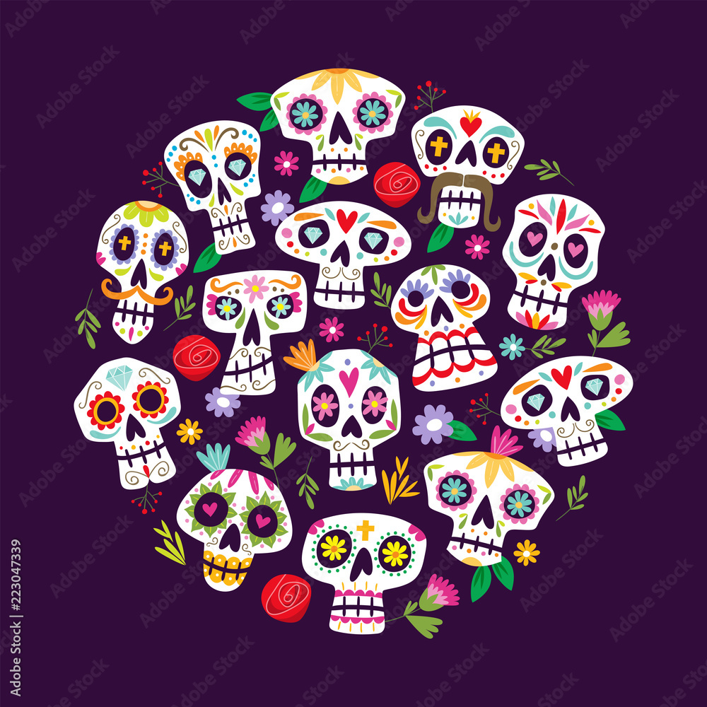 Colorful Mexican Skulls Wallpaper