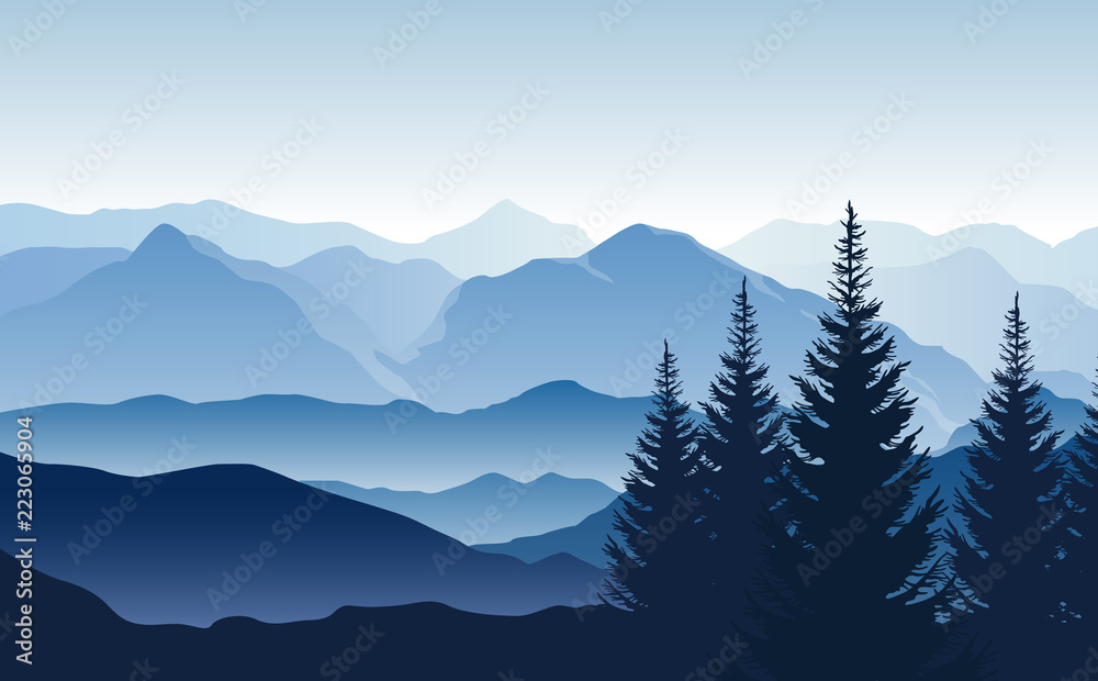 Vector blue landscape with silhouettes of misty mountains and hills and ...