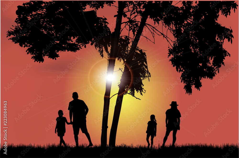 Family walk at sunset Stock Vector | Adobe Stock
