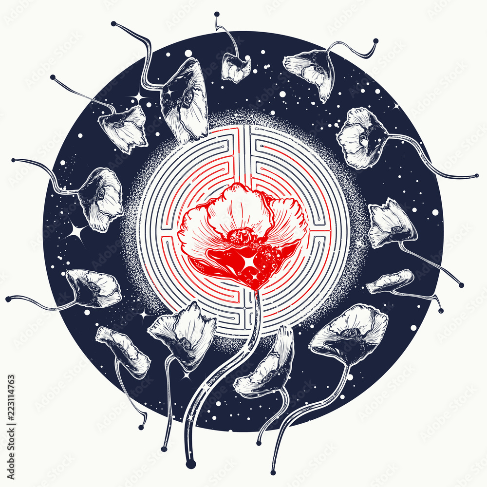 Flowers and labyrinth tattoo. Art oncept of menstrual cycle, level of ...