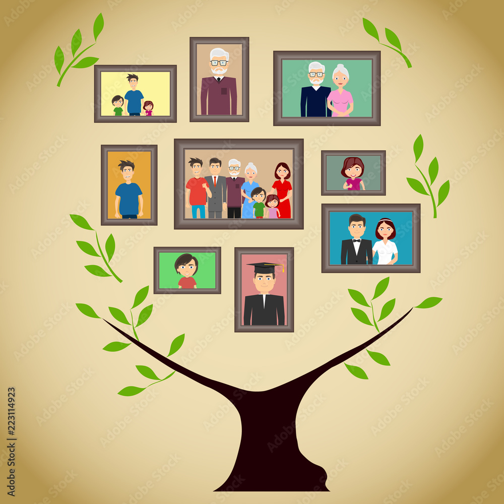 Family tree with portraits of family members. A real family tree with ...
