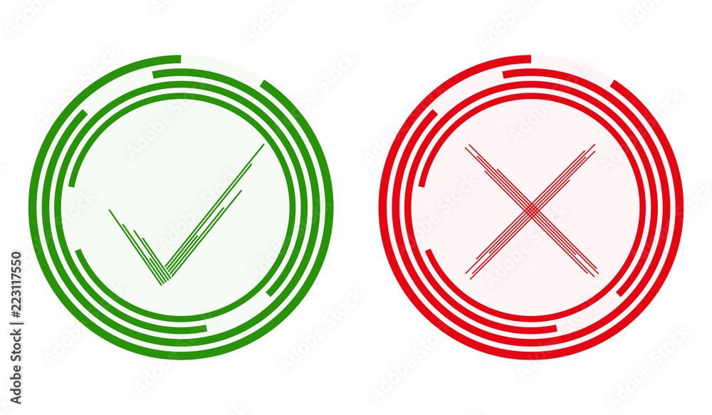 A green tick and a red cross, a statement and a denial. Green and red ...