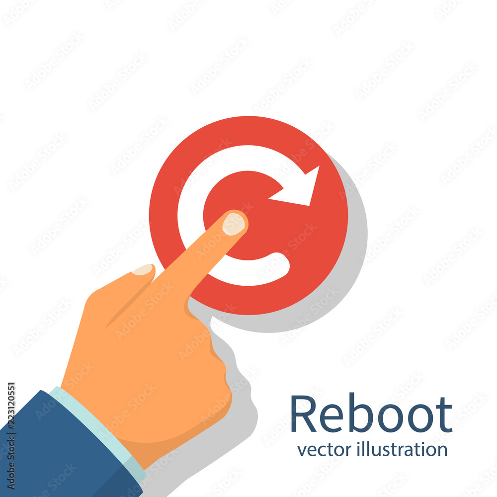 Reboot concept. Restarting technology. Hand to push big red button ...