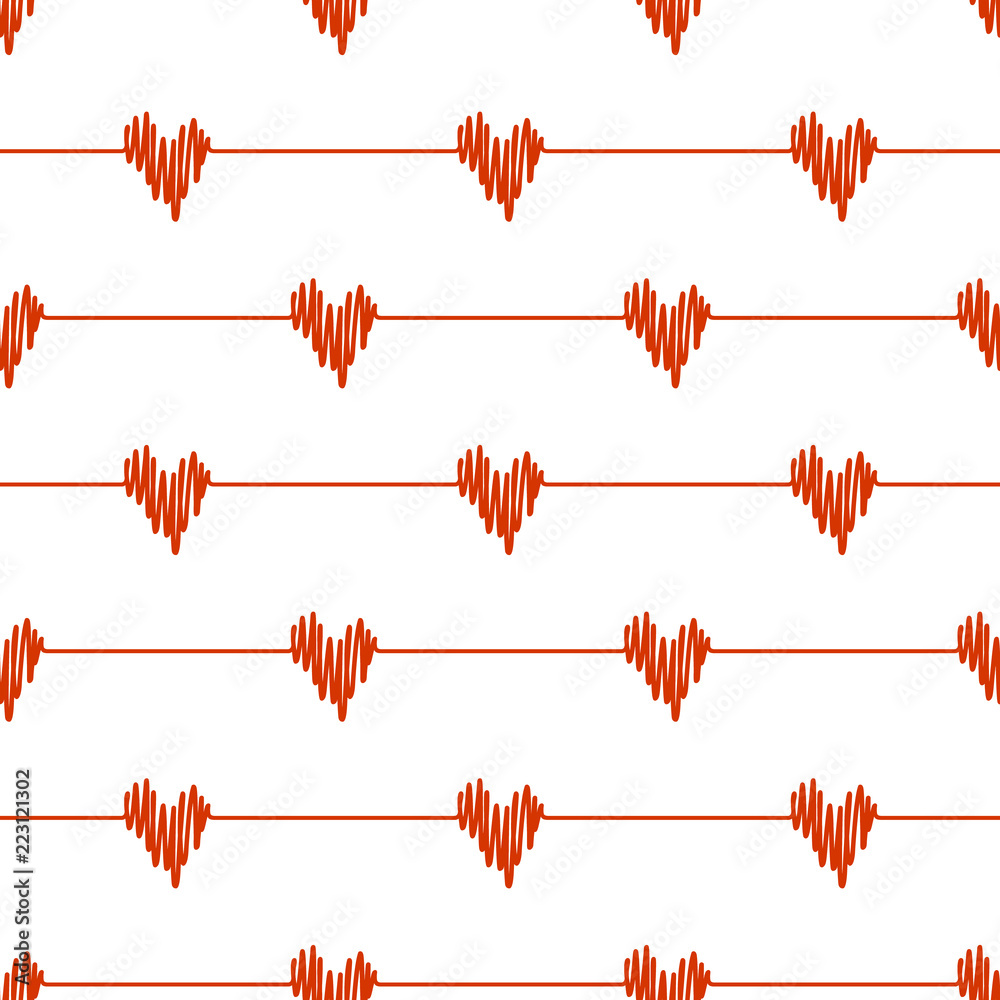 Red doodle line hearts wave deflection seamless pattern on white ...