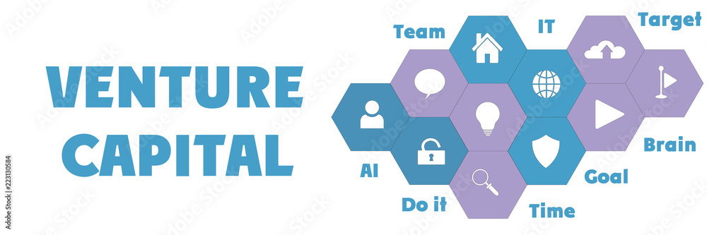 VENTURE CAPITAL Panoramic Banner with icons and tags, words. Hi tech ...