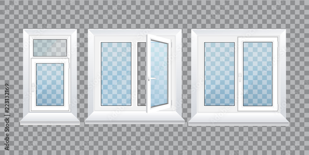 Realistic glass transparent plastic windows with window sills and ...