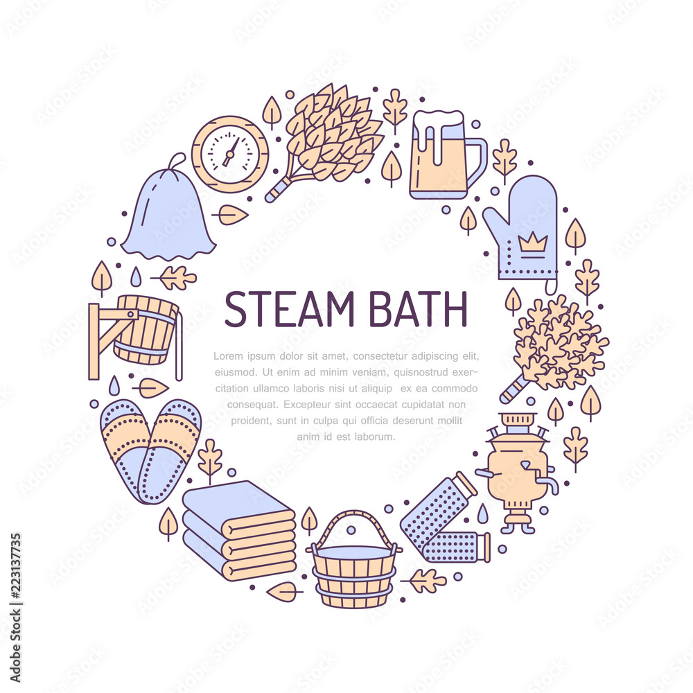 Sauna, steam bath room banner illustration with flat line icons ...