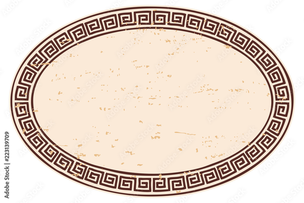 Oval frame in Ancient Greek style on a beige background with the effect ...
