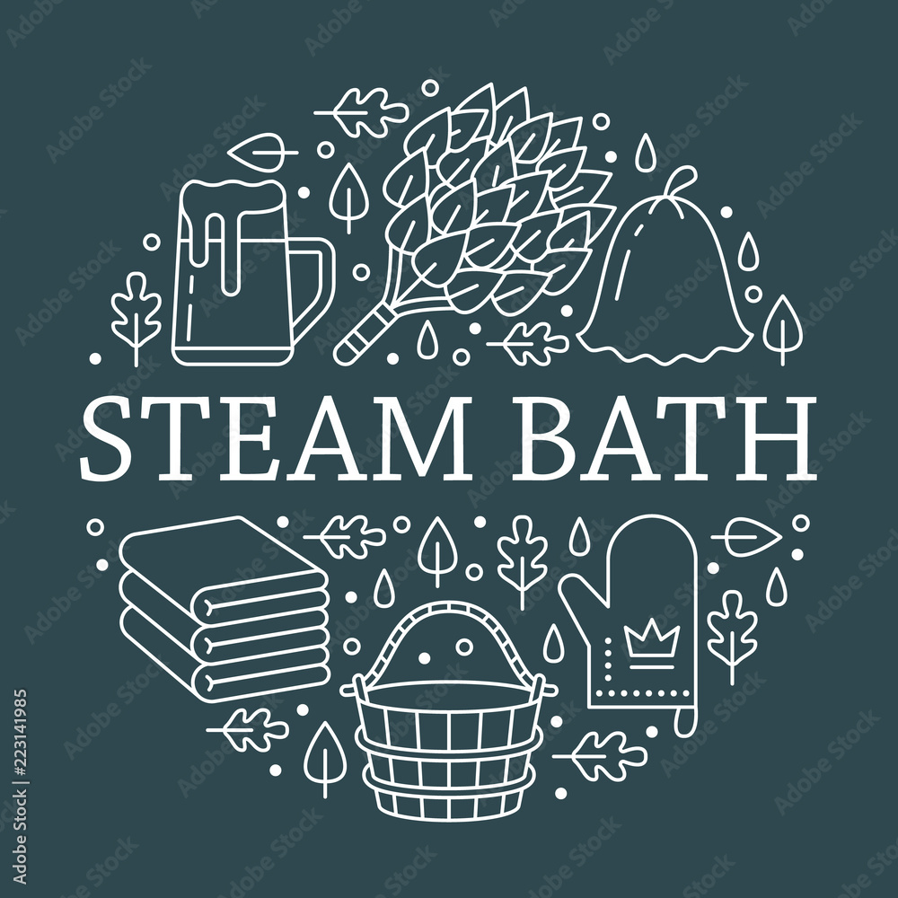 Sauna, steam bath room banner illustration with flat line icons ...