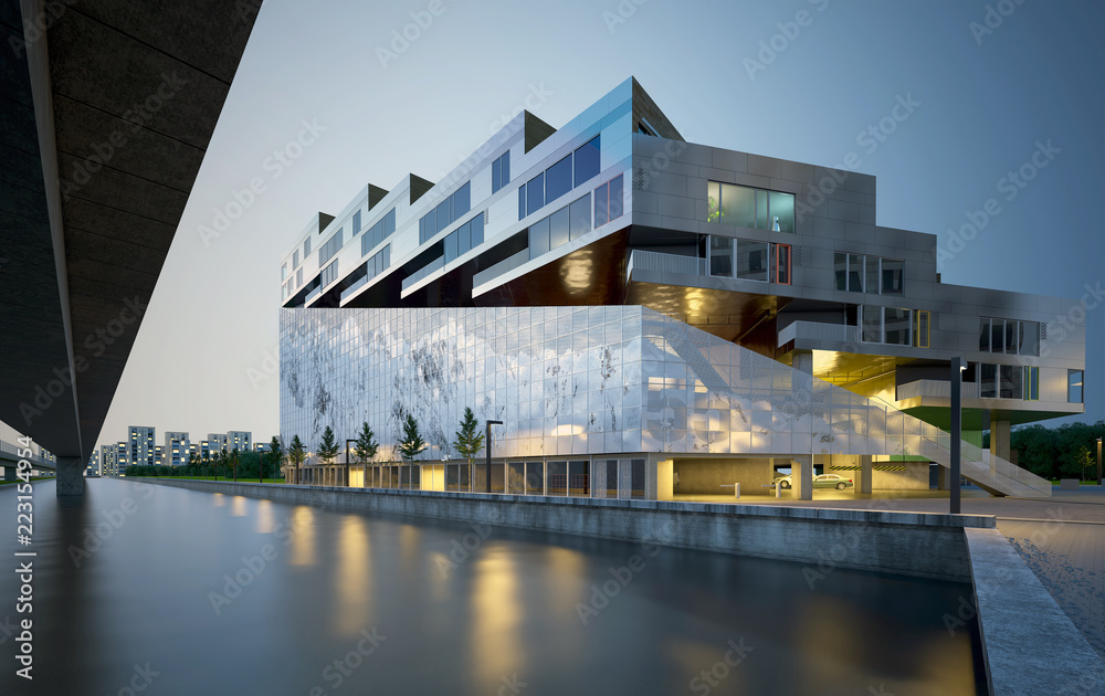 3d render building exterior at night Stock Illustration | Adobe Stock