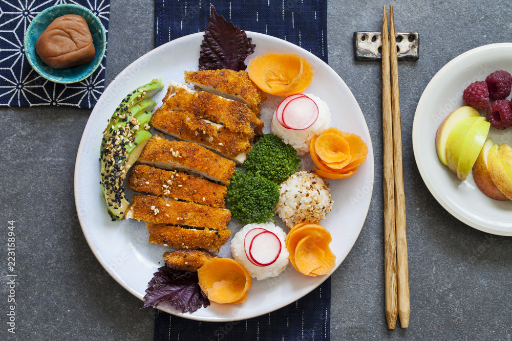 Japanese style lunch with onigiri rice balls and crispy chicken Stock ...