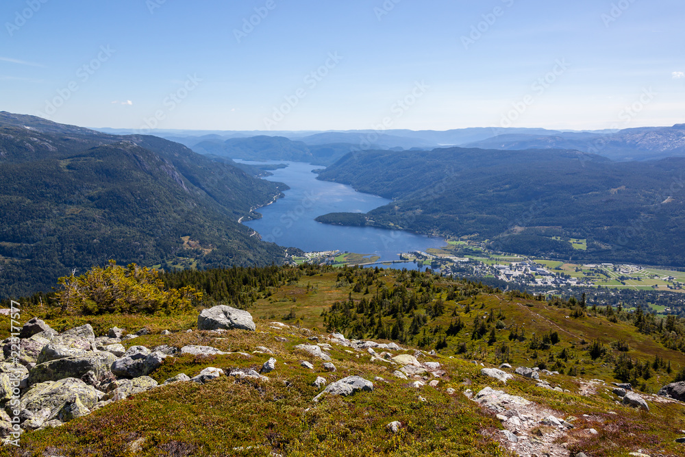 Aerial view on the vastness Norwegian landscape with small city Seljord ...