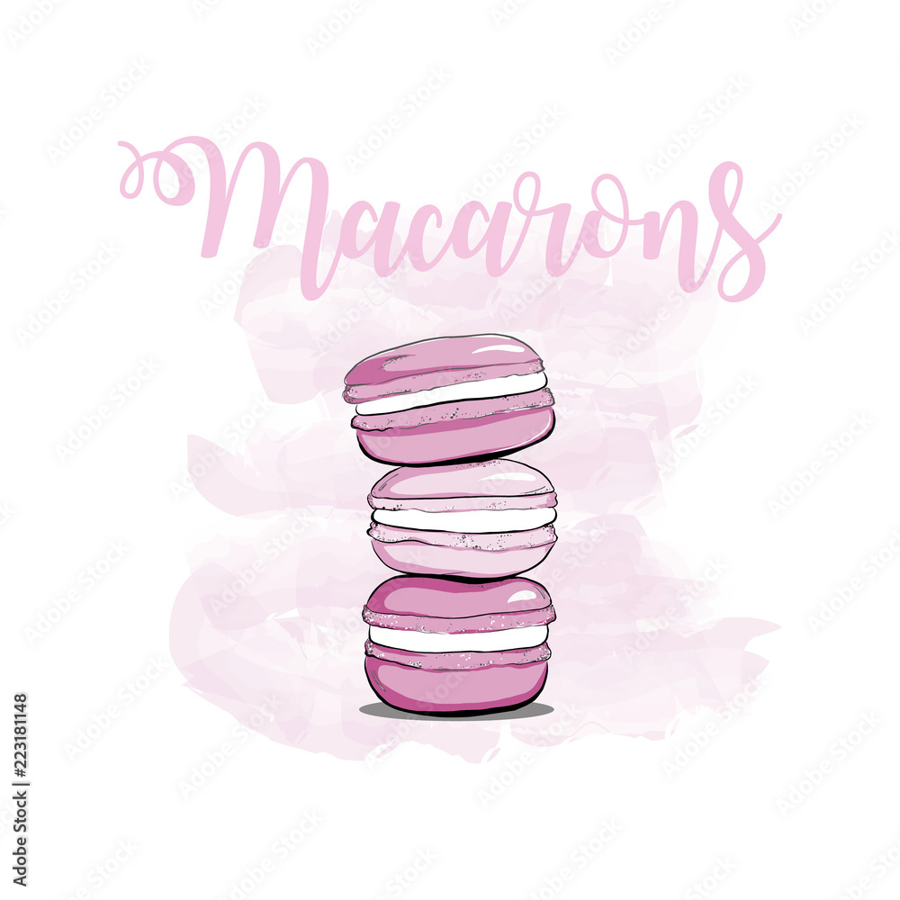 Vetor de Stack of pink watercolor macaron, macaroon cakes, sketch style ...