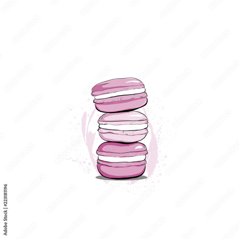 Hand drawn watercolor pile of sweet pink macaron cakes, french pastry ...