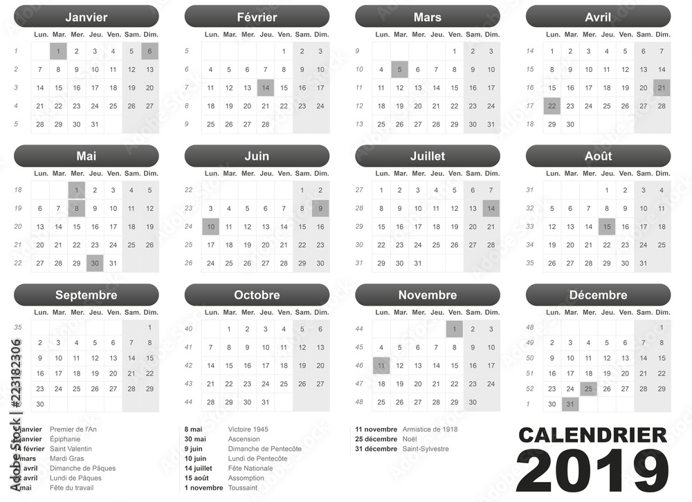 calendrier français 2019 jours fériés noir simple Stock Vector | Adobe ...