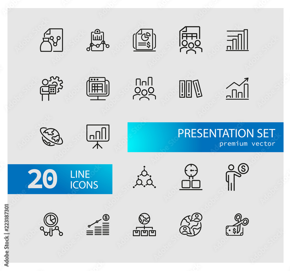 Presentation icons. Set of line icons. Report, research, diagram ...