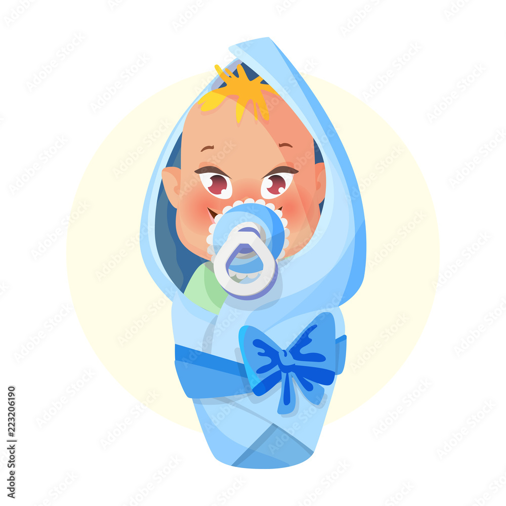 Baby with pacifier. Newborn boy is wrapped in a diaper. Vector ...
