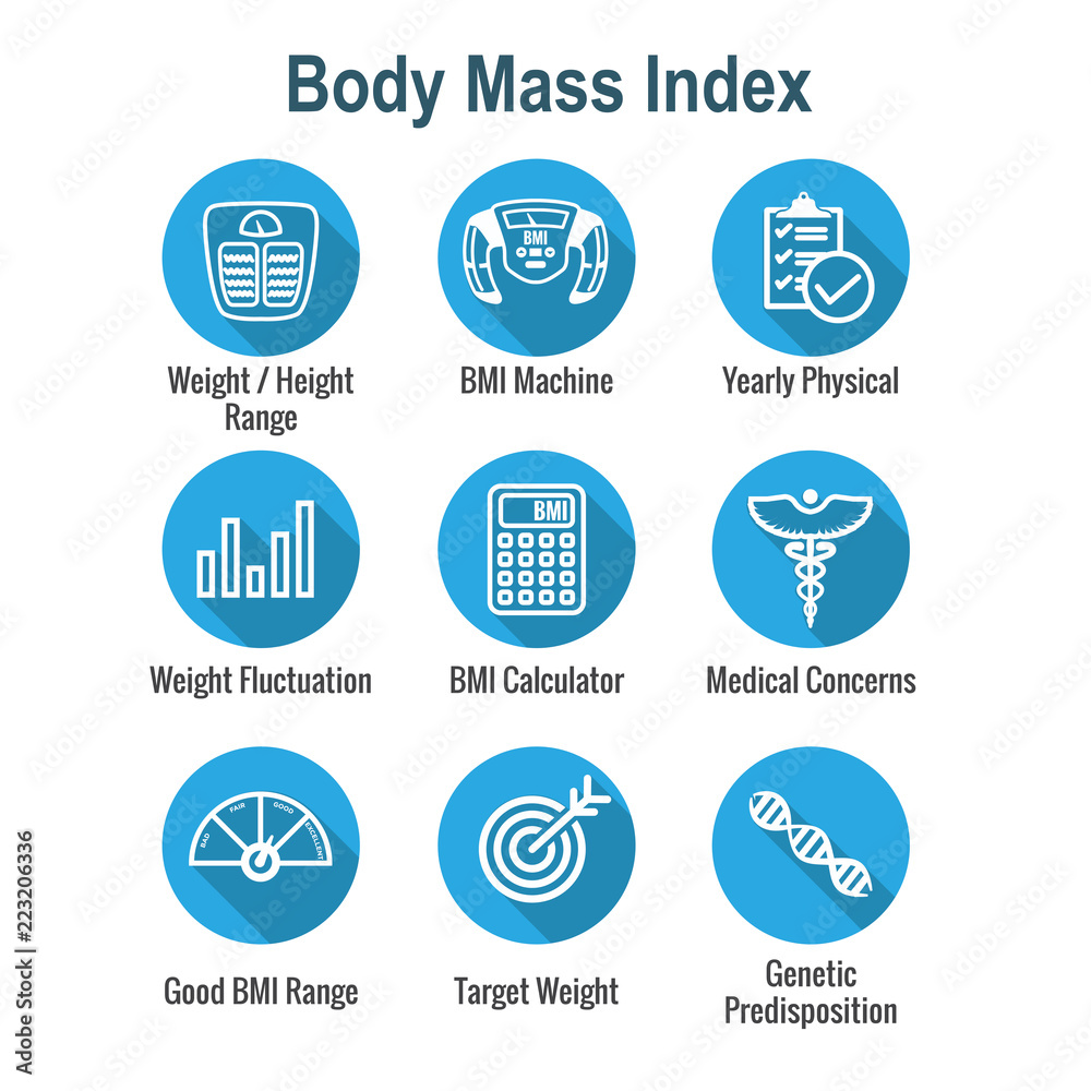 BMI - Body Mass Index Icon Set with BMI Machine, weight scale, etc ...