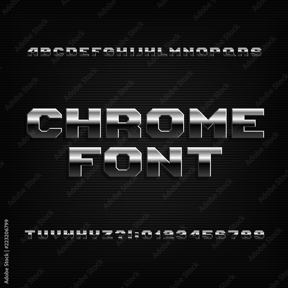 Beveled chrome alphabet font. Metallic effect shiny letters, symbols ...
