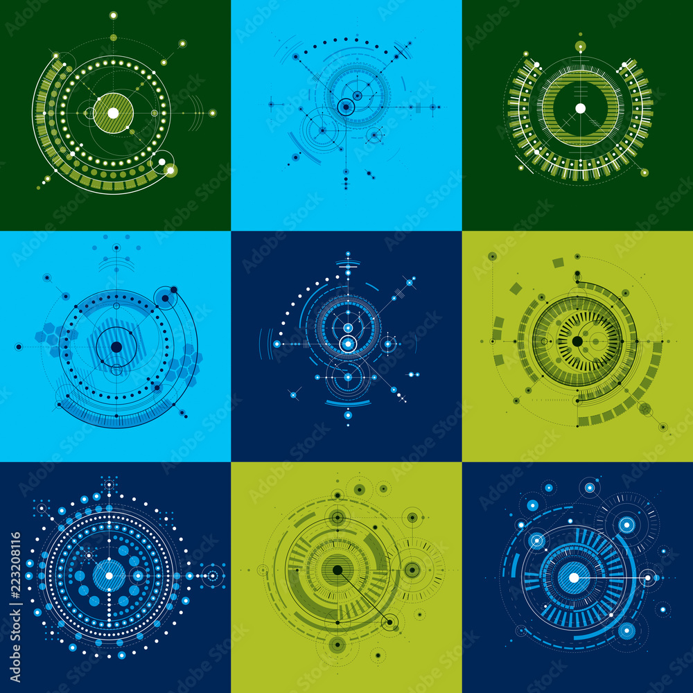 Mechanical schemes. Set of vector engineering drawings with circles and ...