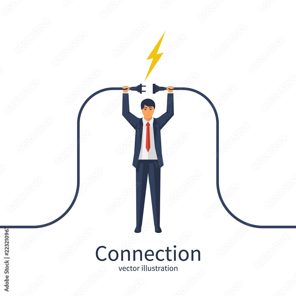 Connecting power socket. Businessman connecting hold plug and outlet in ...